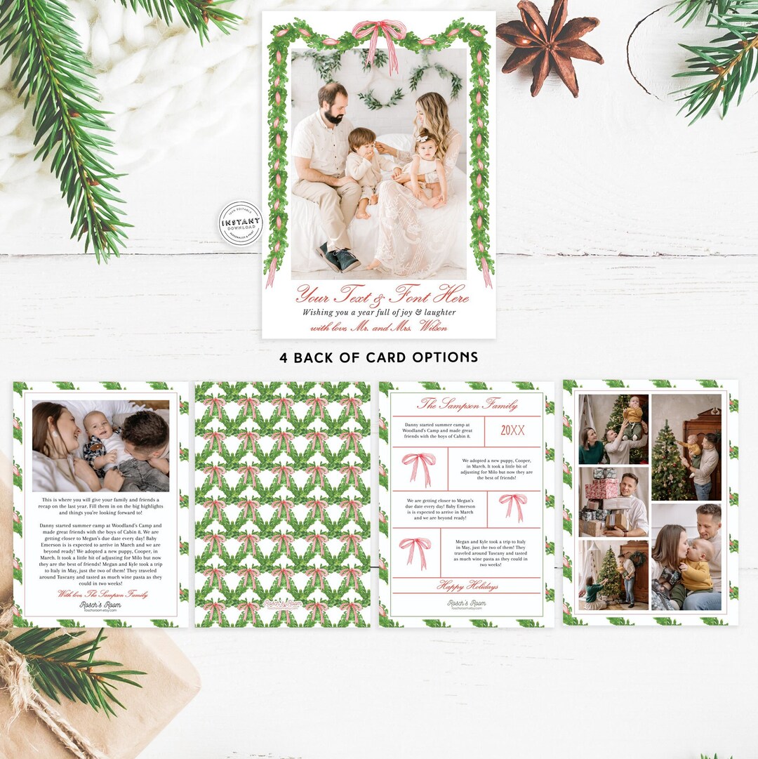 ANY TEXT Red Ribbon Christmas Card Template | Preppy Family Photo ...