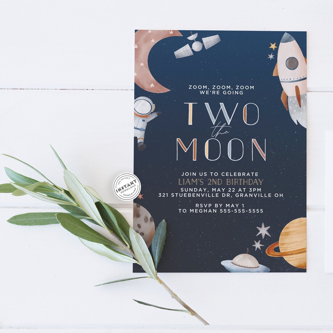 Two the Moon Birthday Invitation Printable | Space 2nd Birthday Theme ...