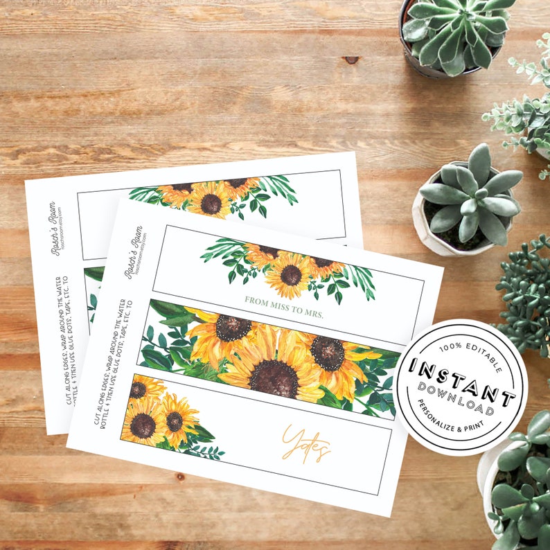 Sunflower Water Bottle Label Editable Water Bottle Wraps | Etsy