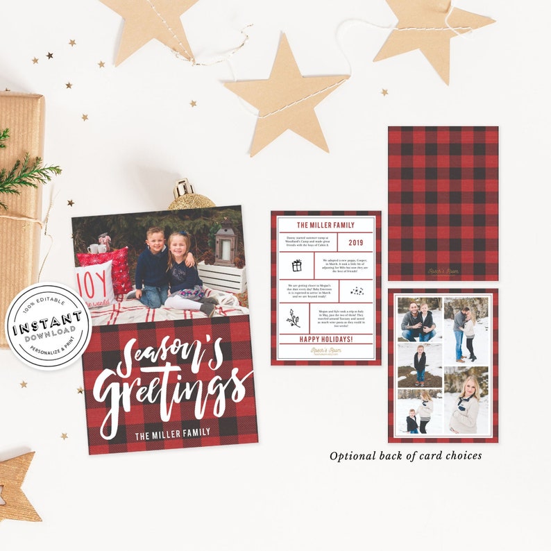 Photo Christmas Card Editable Template Buffalo Plaid Card - Etsy