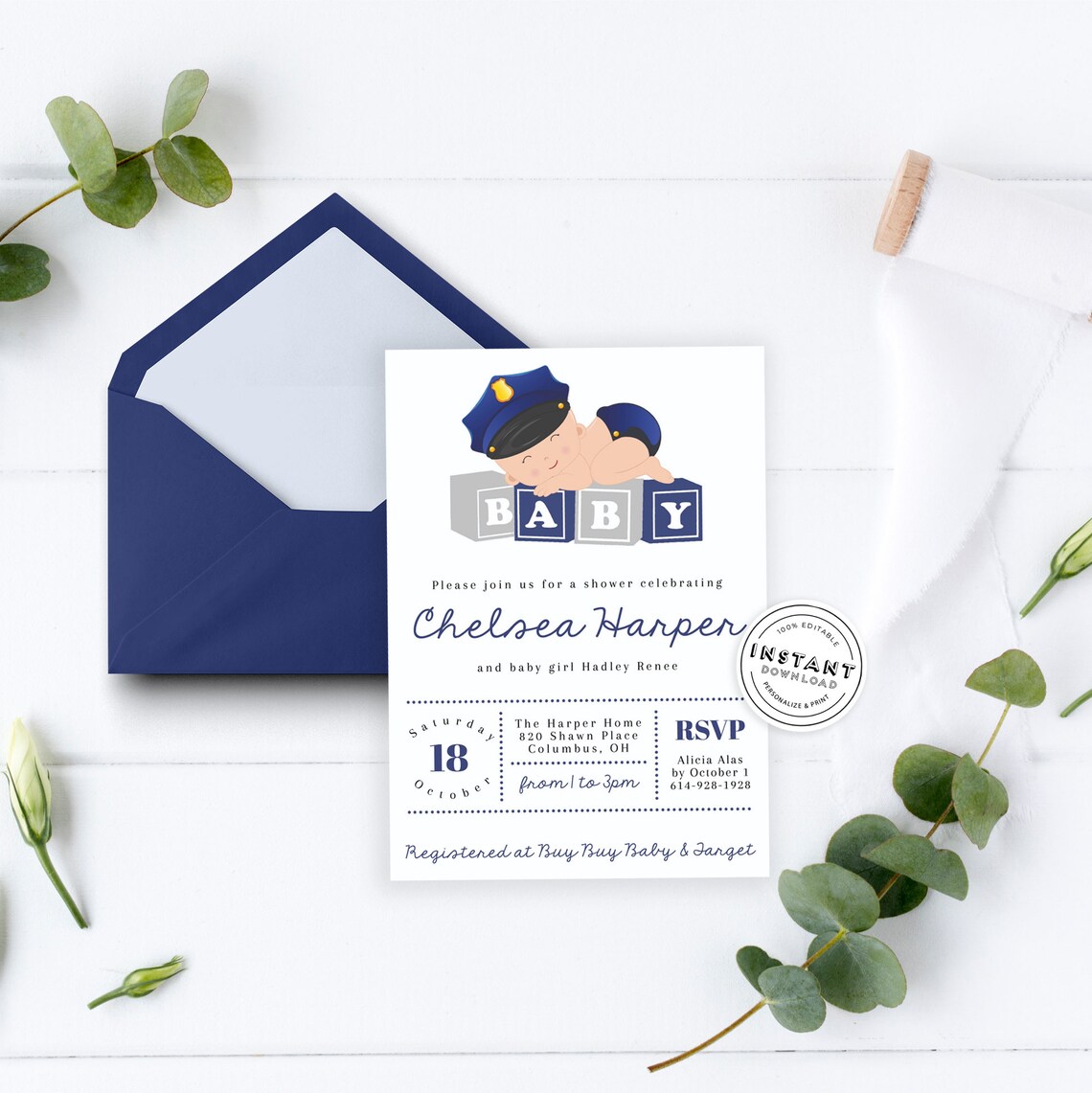 Police Baby Shower Invitation | Download Boy Cop Baby Shower | DIY ...