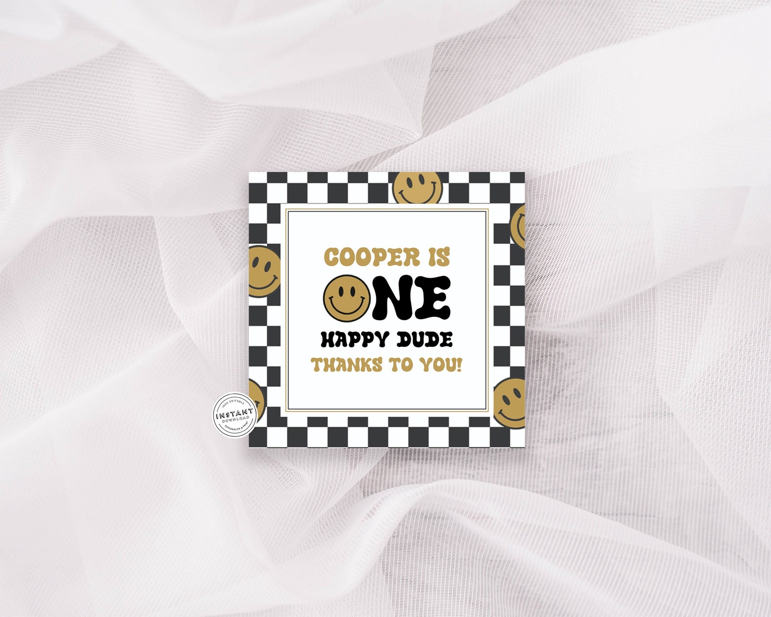 One Happy Dude Square Tag | Smiley Checkered Board First Birthday Theme ...