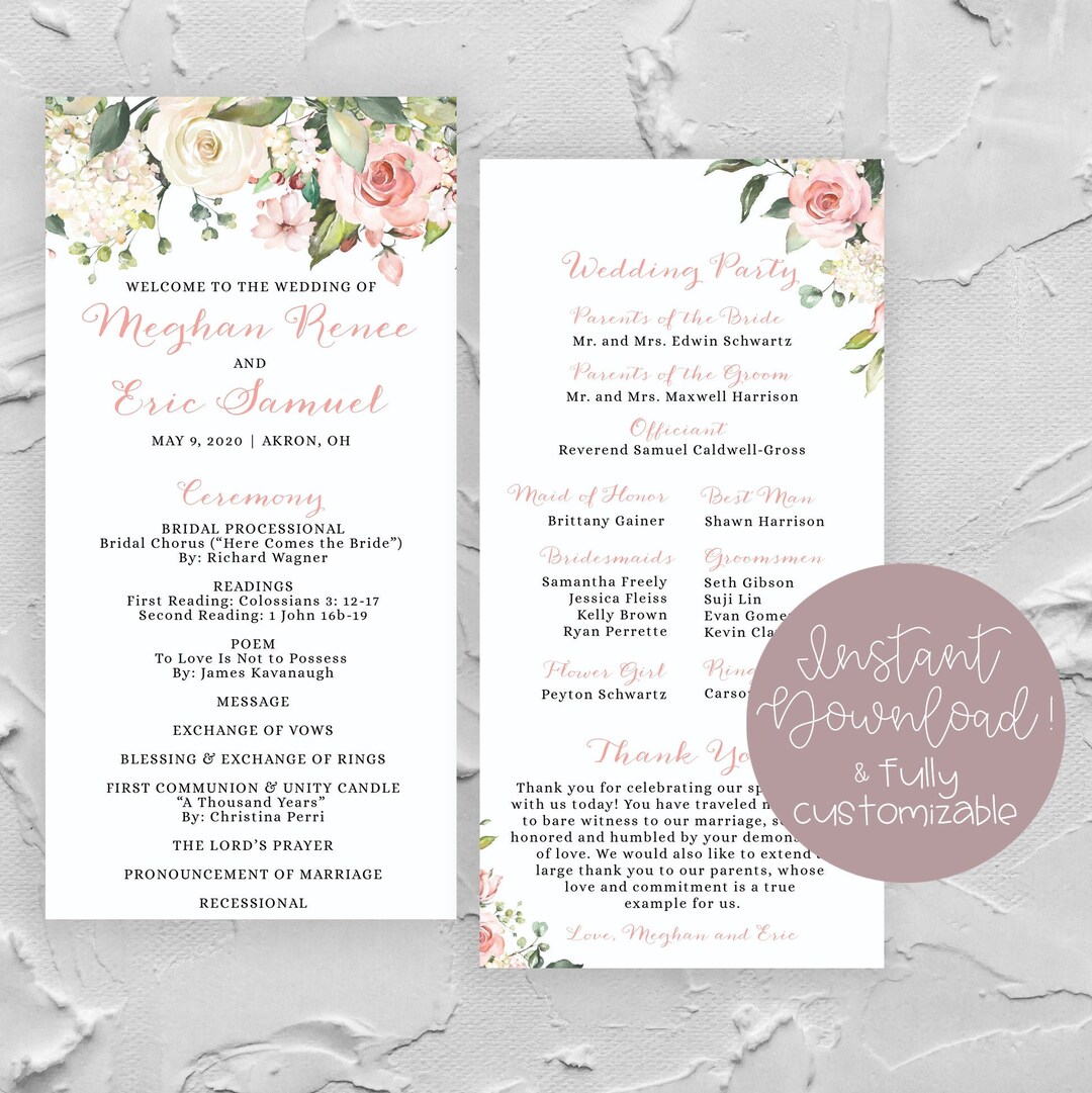 Green Blush White Wedding Program | Neutral Floral Wedding Program ...