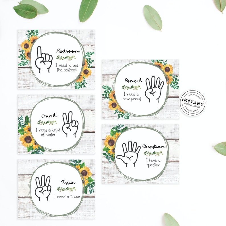 Sunflower 5 Non-verbal Hand Signals Classroom Management Posters ...