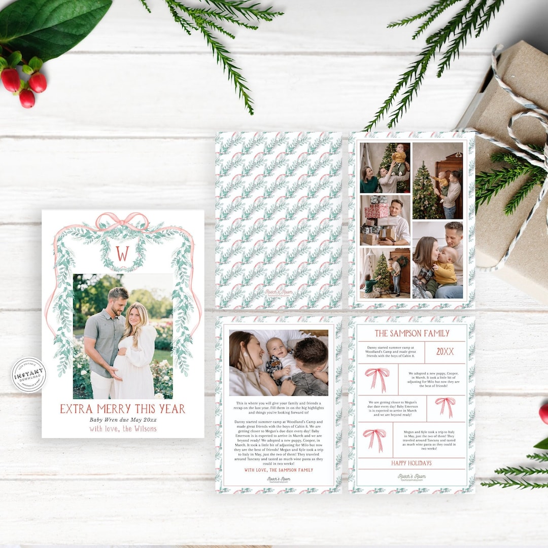 Pregnancy Announcement Red Ribbon Christmas Card Template | Preppy ...