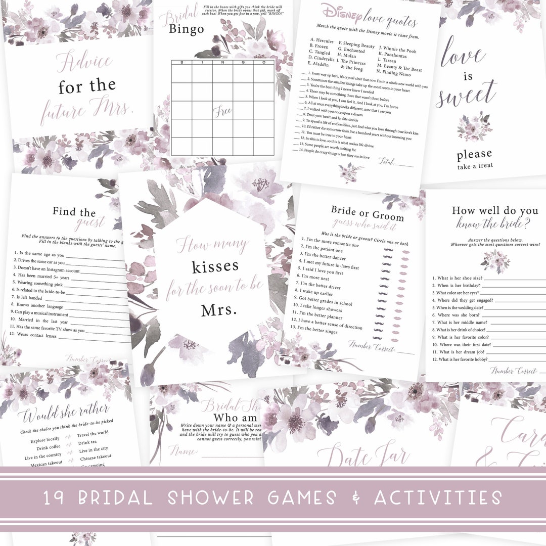 Dusty Purple Bridal Shower Game and Sign Bundle | 19 Lavender Bridal ...