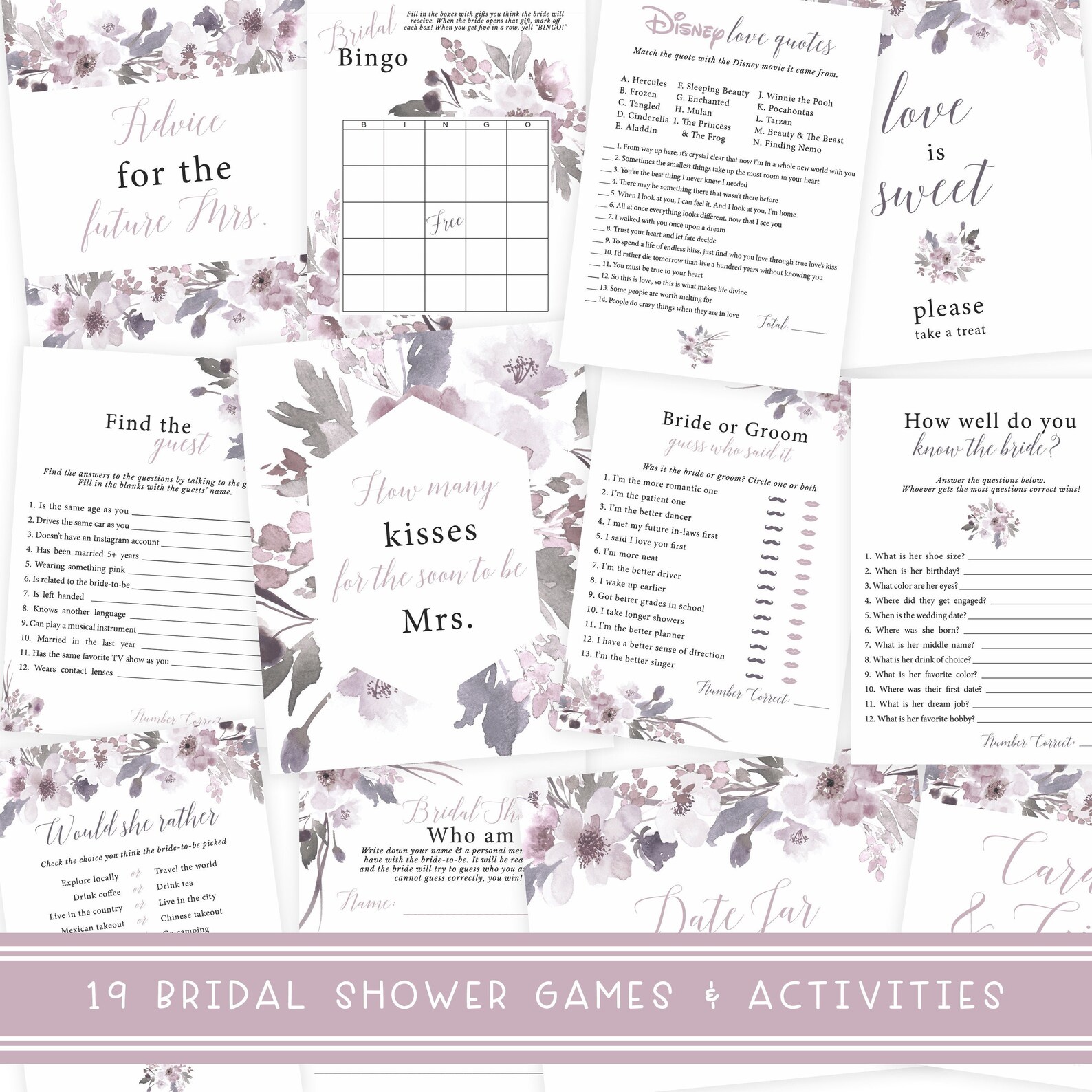 Dusty Purple Bridal Shower Game and Sign Bundle 19 Lavender | Etsy