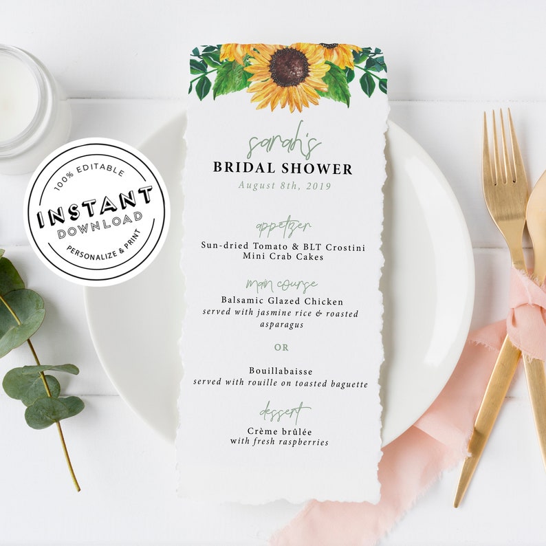 Sunflower Wedding Menu Rustic Sun Flower Bridal Shower Menu - Etsy