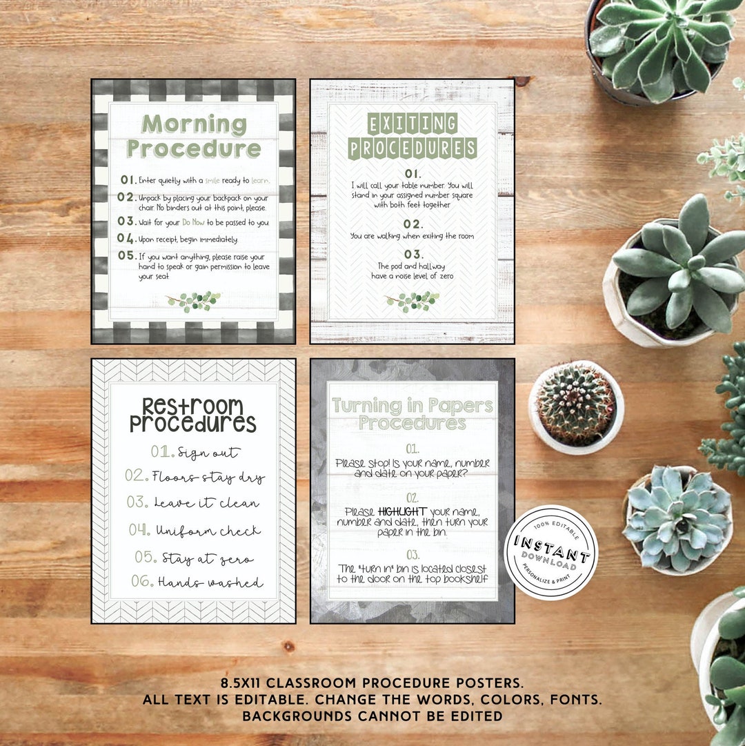 Farmhouse Classroom Procedure Editable Posters | Modern Farmhouse ...