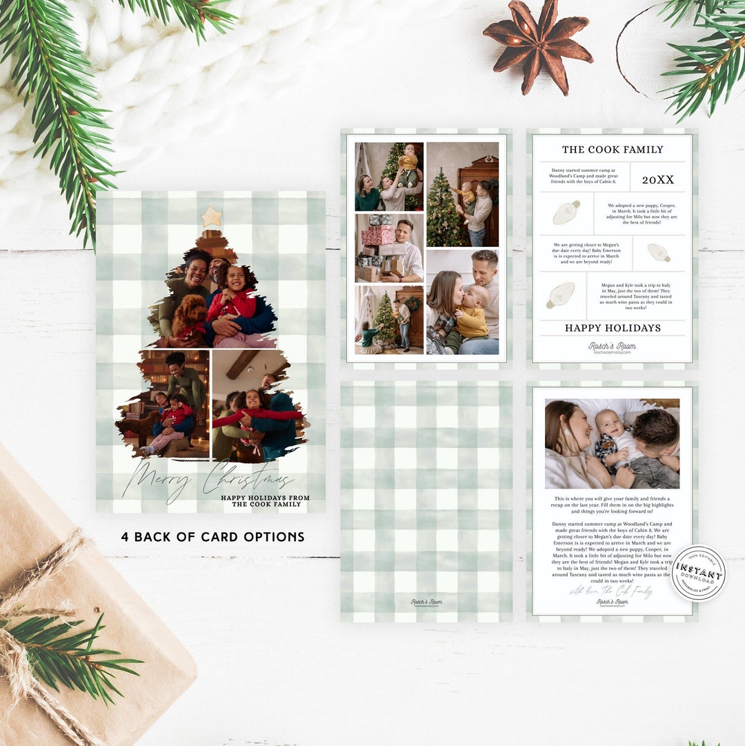 Tree Photo Christmas Card Editable Template | Green Plaid Christmas ...
