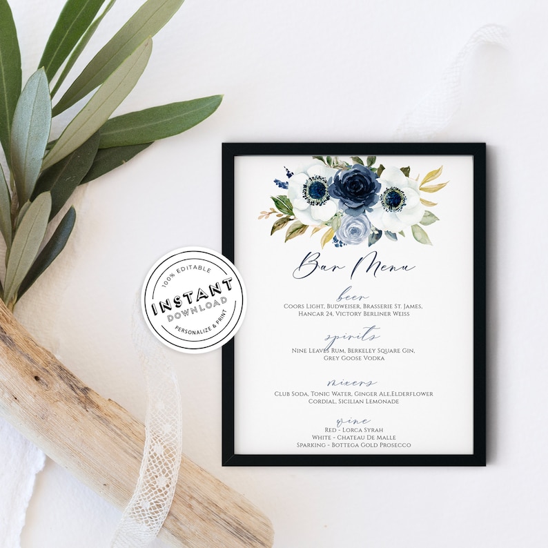 Dusty Blue Bar Menu Wedding Sign Navy and Light Blue | Etsy