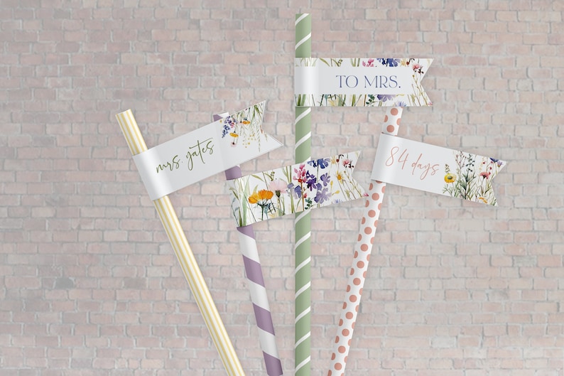 Wildflower Bridal Shower Straw Flags | Colorful Bridal Garden Floral ...