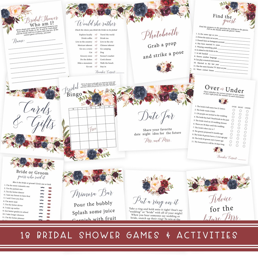 Navy Marsala Bridal Shower Game and Sign Bundle | 14 Navy Burgundy ...
