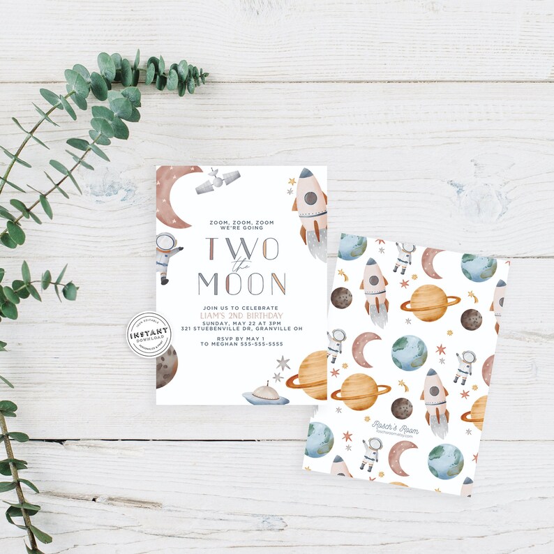 Two the Moon Birthday Invitation Printable | Space 2nd Birthday Theme ...