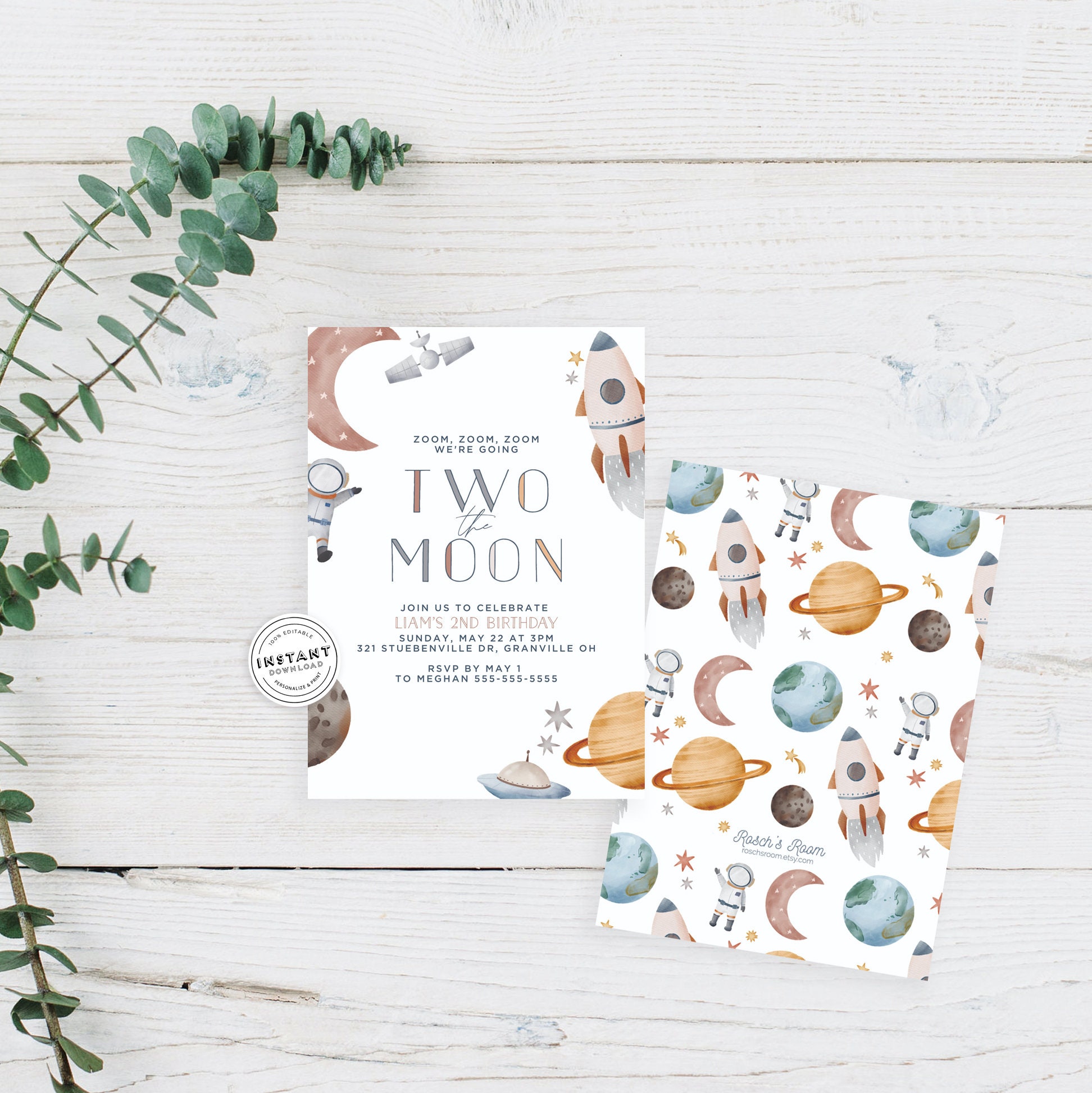 Two the Moon Birthday Invitation Printable | Space 2nd Birthday Theme ...