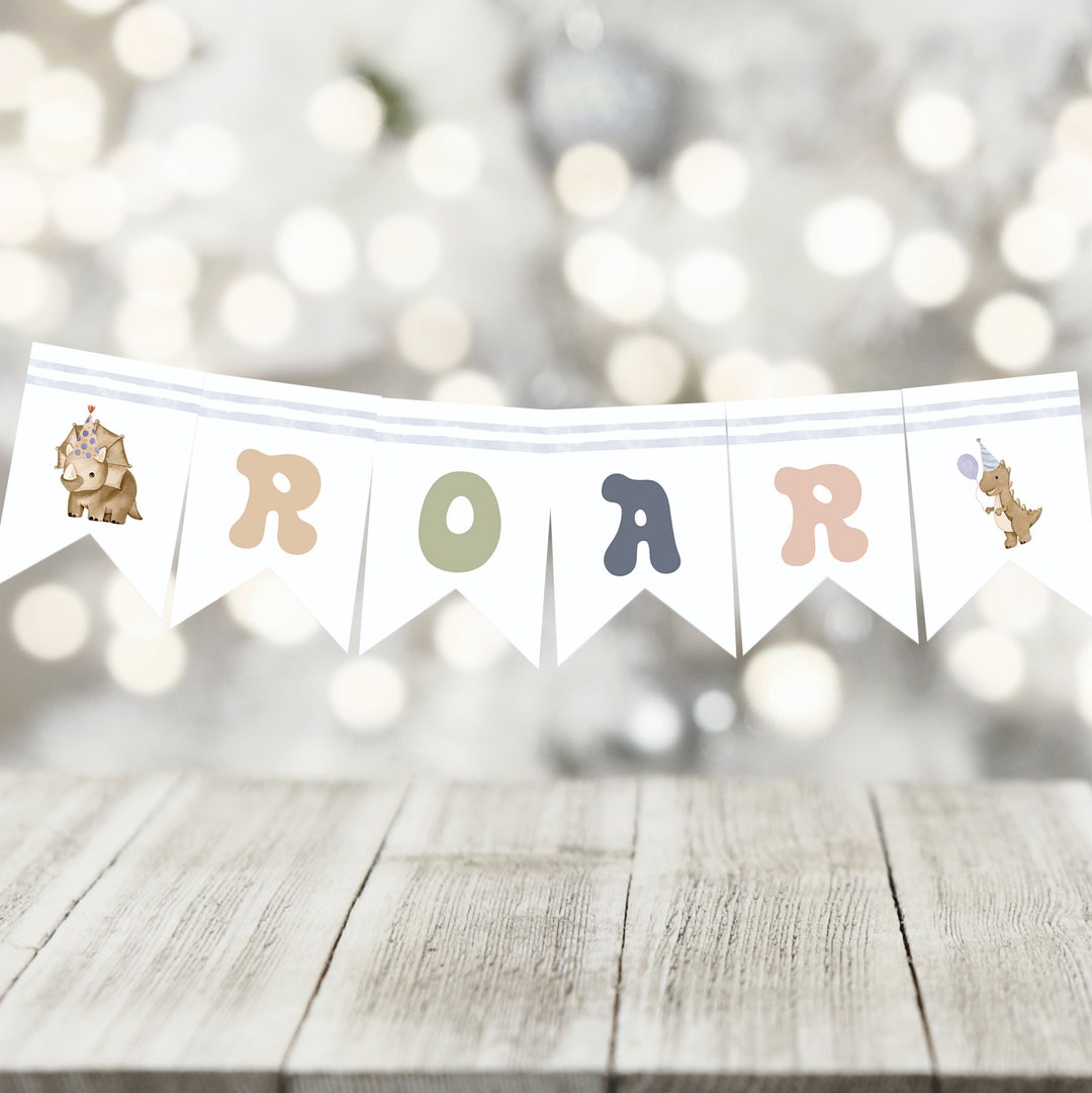 Editable Dinosaur Banner | Chomp Stomp Roar Muted Dinosaur Pennant ...