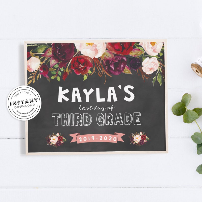 Chalkboard First Day of School Sign Printable Floral Back to | Etsy