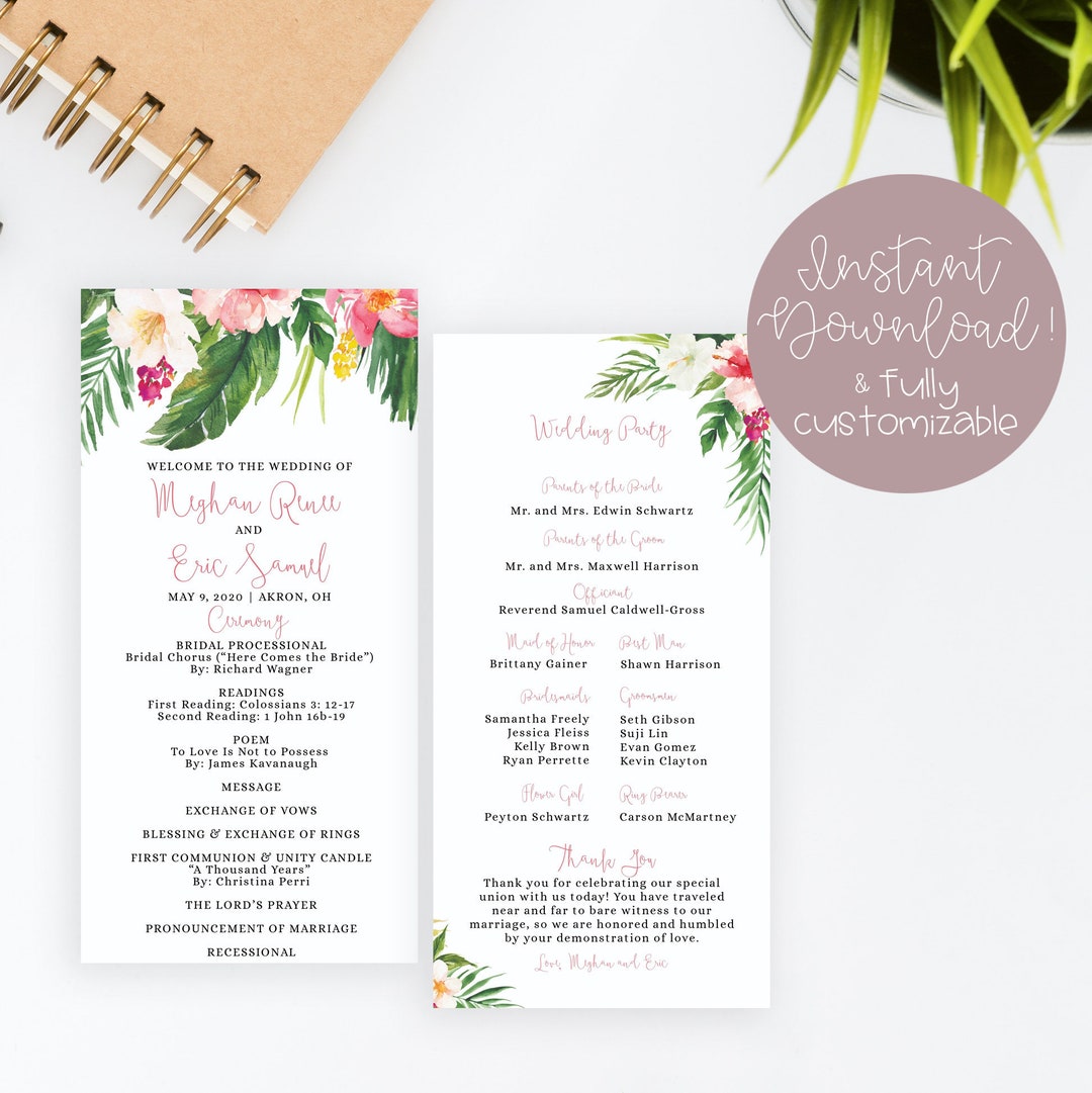Tropical Wedding Program | Beach Palm Tree Wedding Program | Hawaii ...