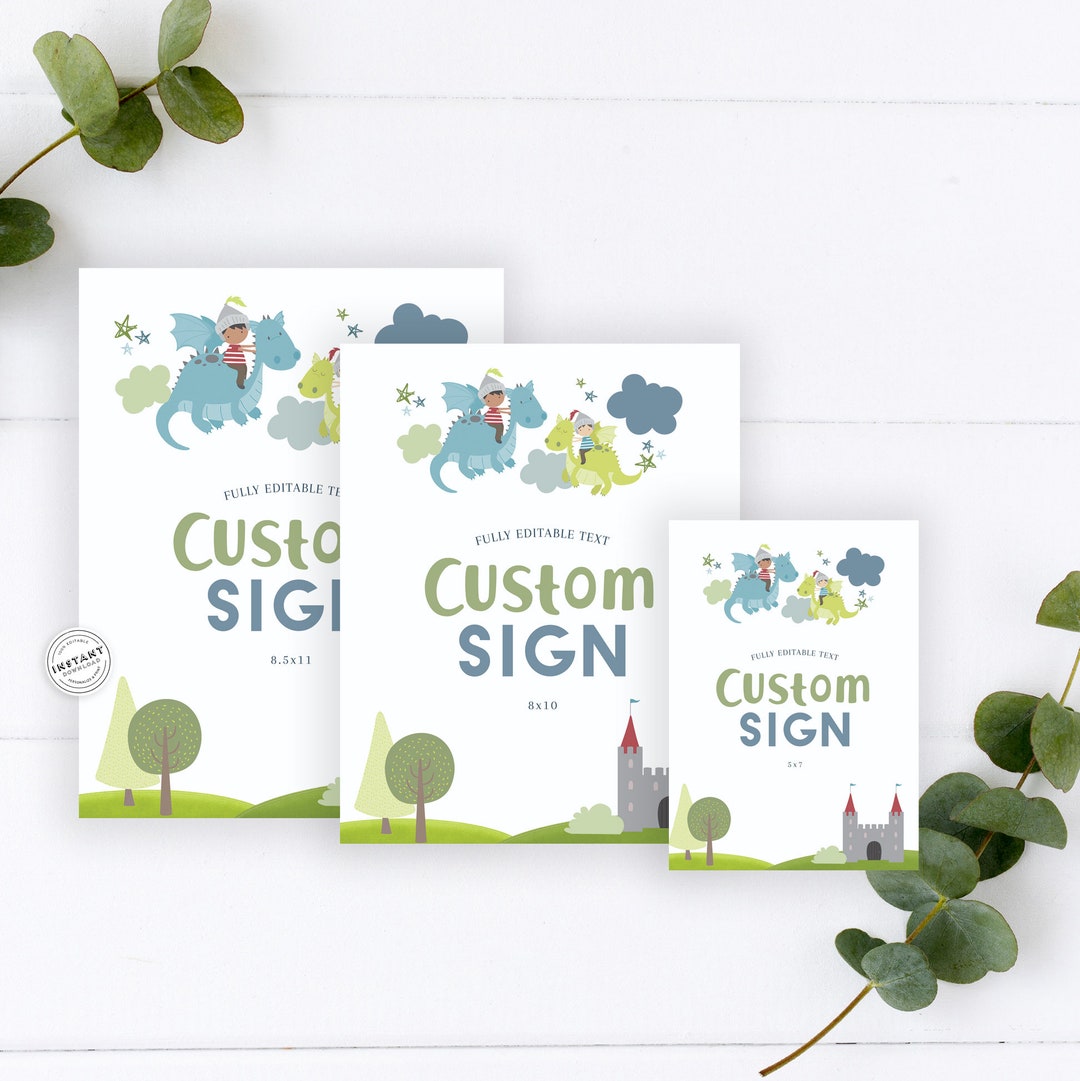 Dragon Custom Signs 5x7, 8x10, 8.5x11 | Dragon and Knights Editable ...