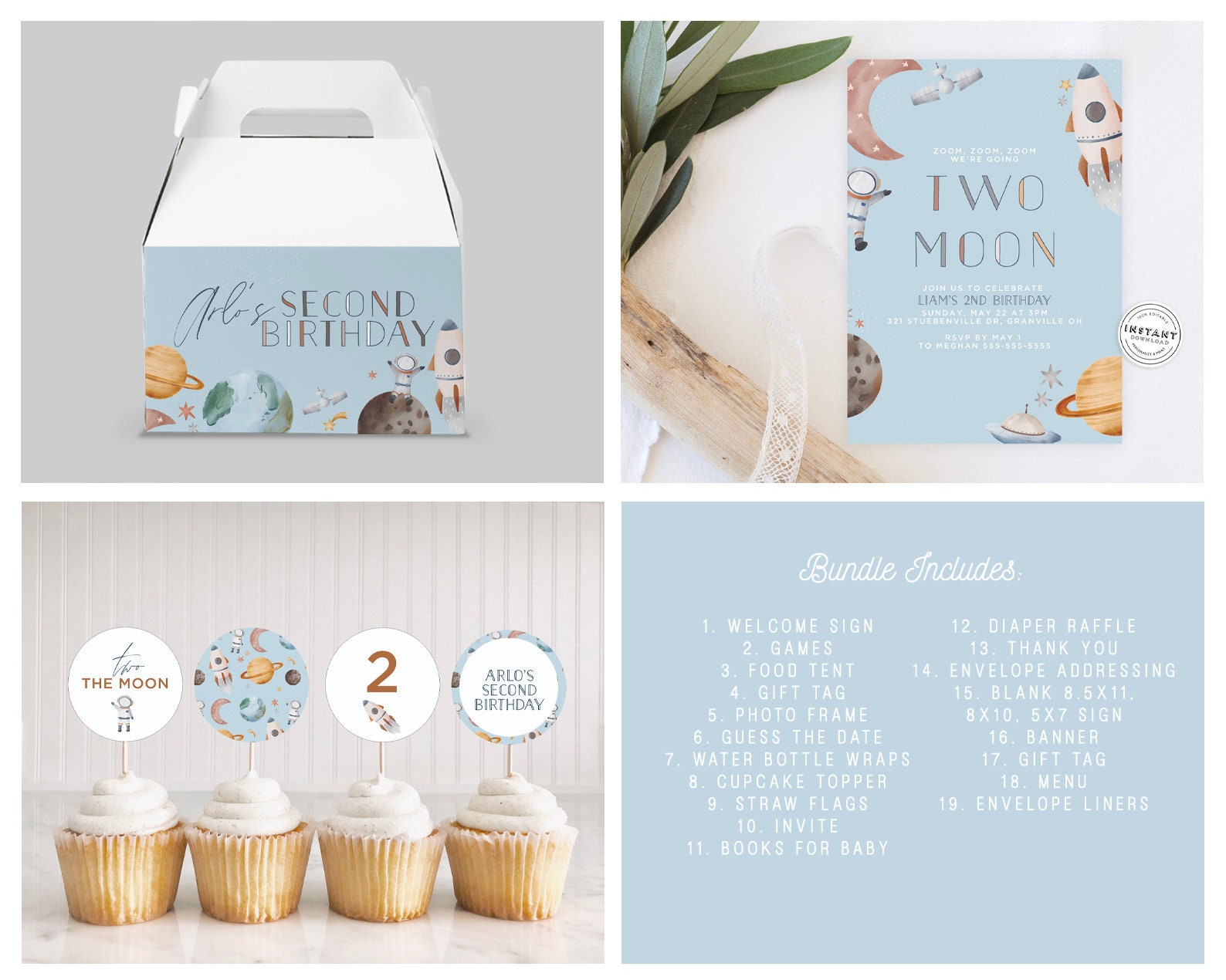 Light Blue Two the Moon Straw Flags Outer Space Birthday - Etsy