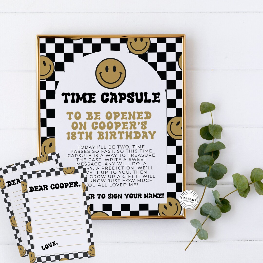 One Happy Dude Time Capsule Sign and Response Cards Smiley Checkered ...