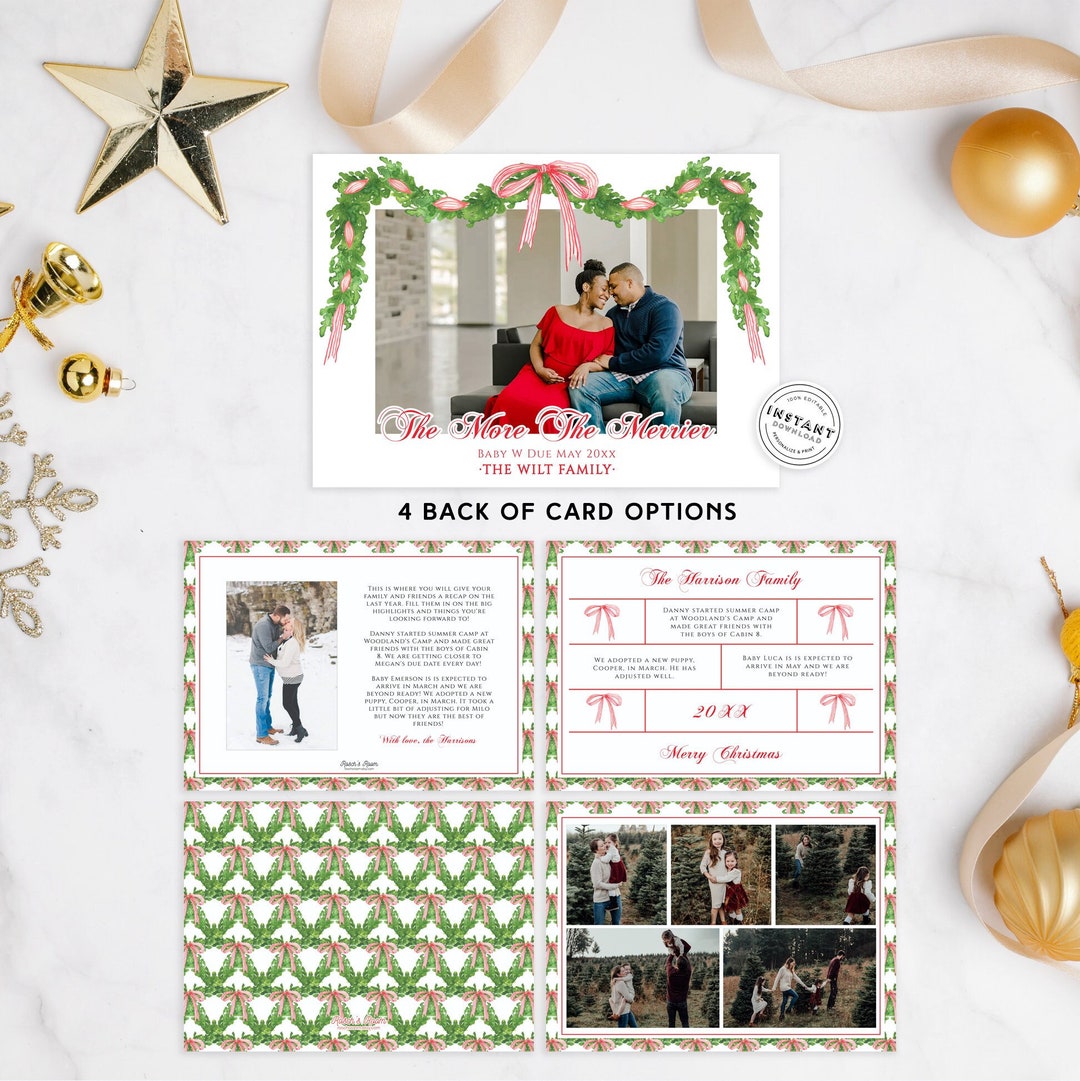 Pregnancy Announcement Red Bow Christmas Card Template Preppy Red ...