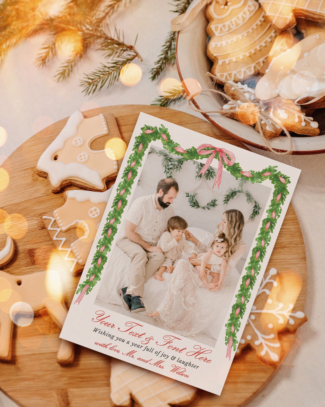 ANY TEXT Red Ribbon Christmas Card Template | Preppy Family Photo ...