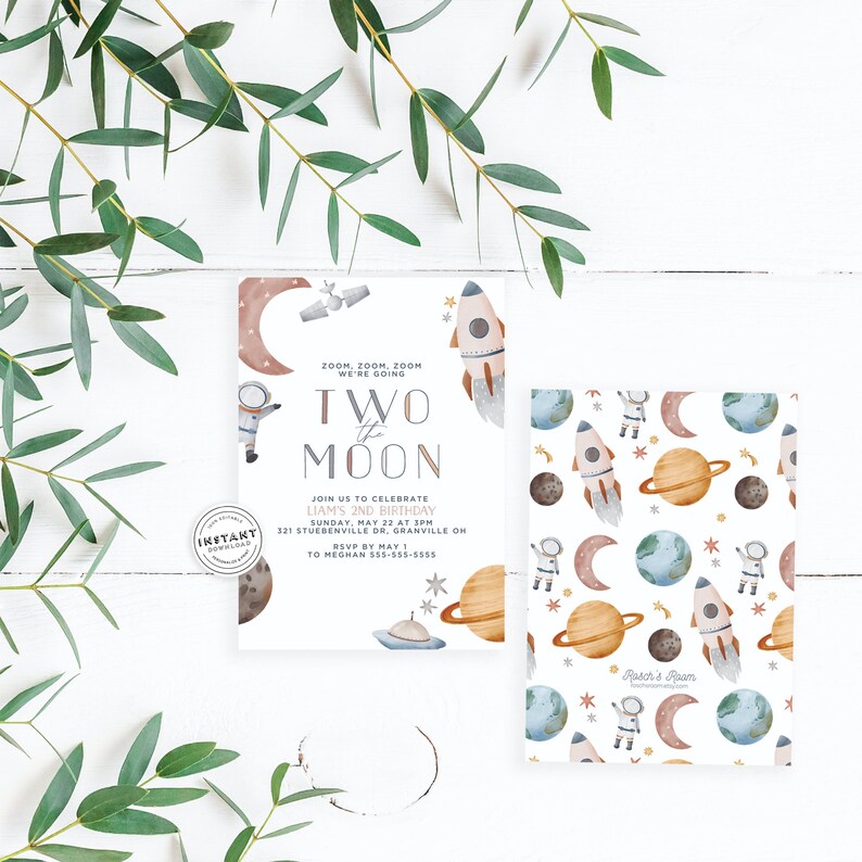 Two the Moon Birthday Invitation Printable | Space 2nd Birthday Theme ...