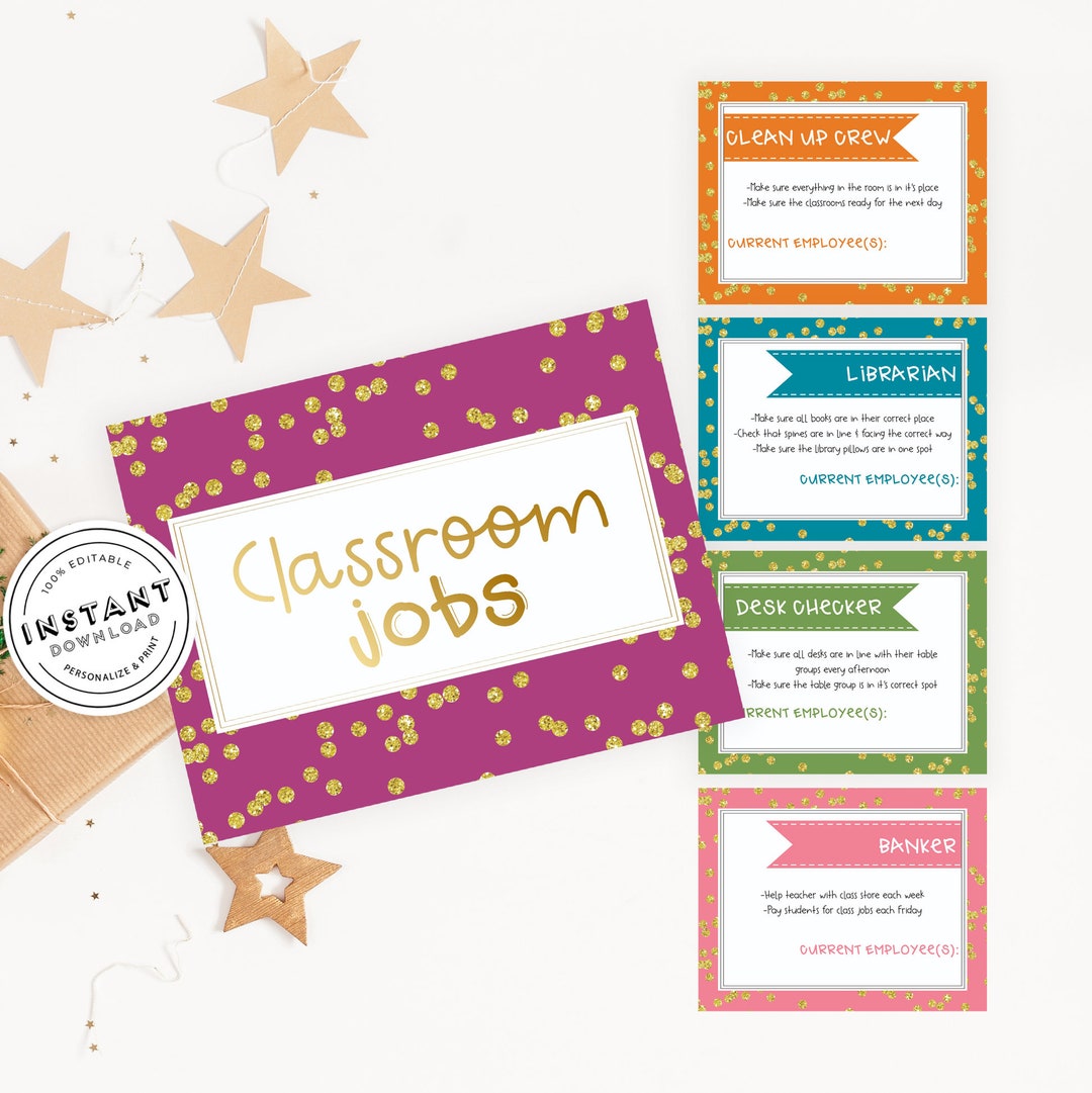 Classroom Chore Chart for Students | Rainbow and Gold Confetti ...