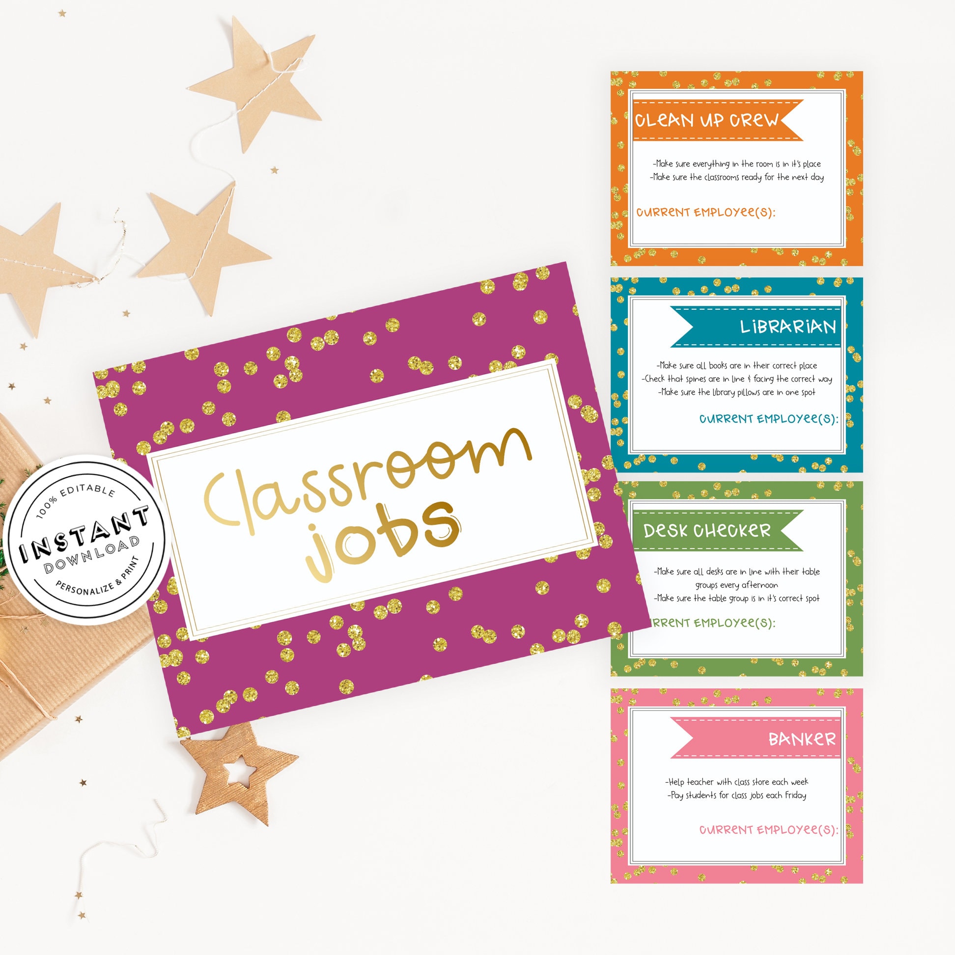 Rainbow Gold Confetti Classroom Jobs Editable Template | 8.5x11 ...