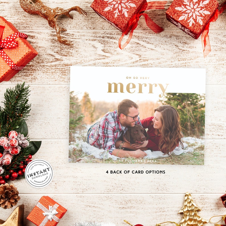 Oh so Merry Gold Foil Photo Christmas Card Editable Template - Etsy