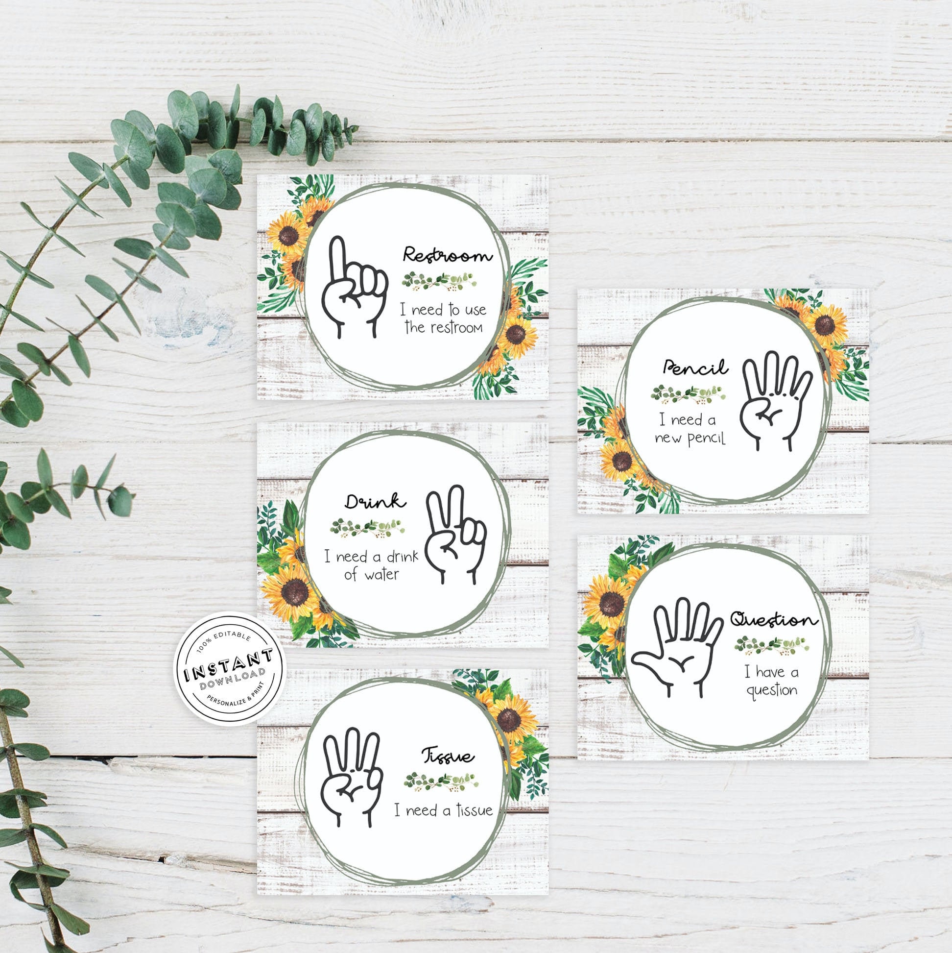 Sunflower 5 Non-verbal Hand Signals Classroom Management Posters ...