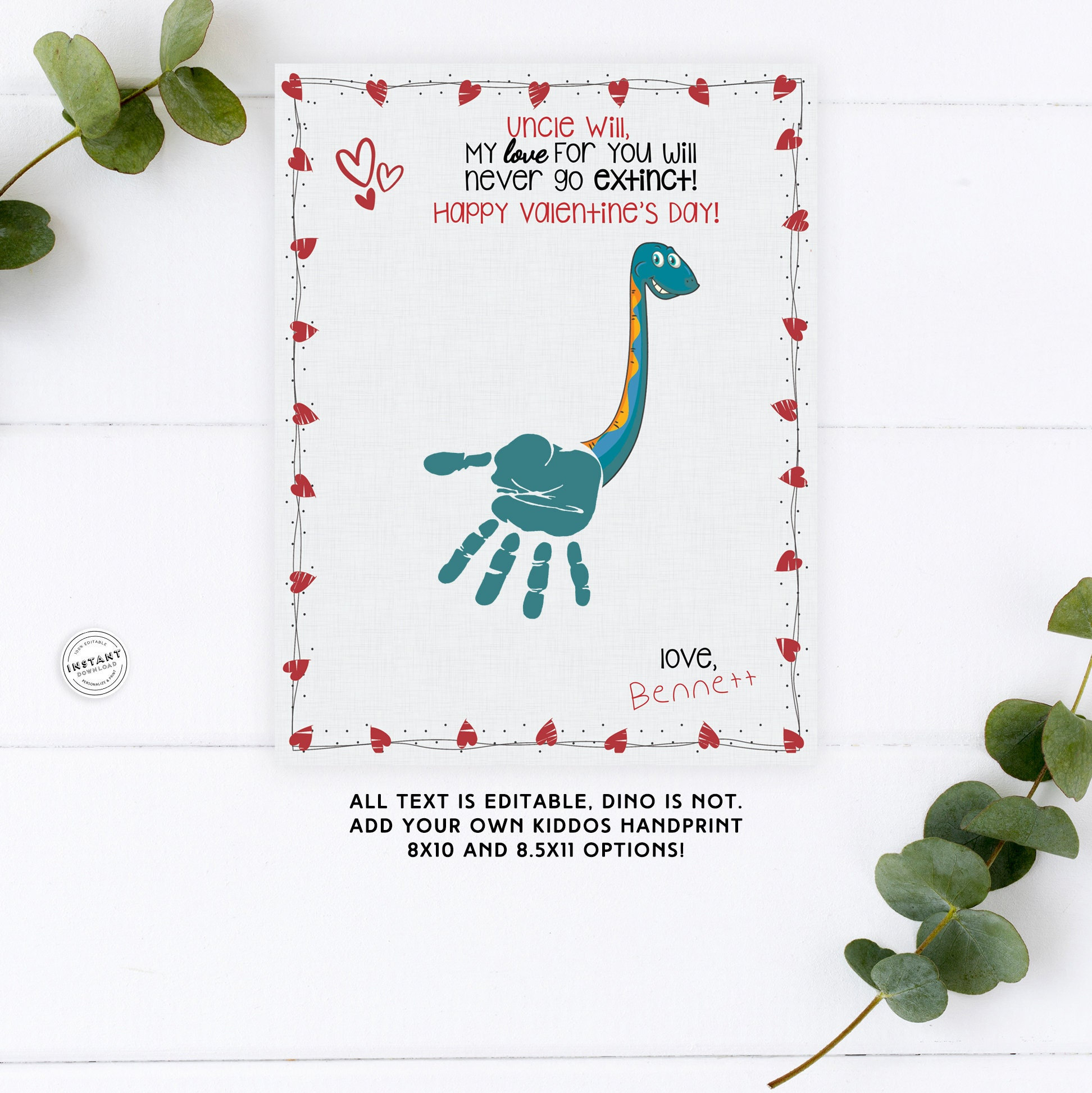 EDITABLE Blue Dinosaur Valentine Handprint Dino Craft for - Etsy
