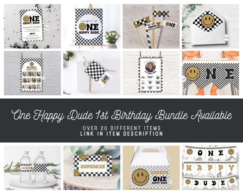 One Happy Dude Water Bottle Wrap Labels | Smiley Checkered Board First ...