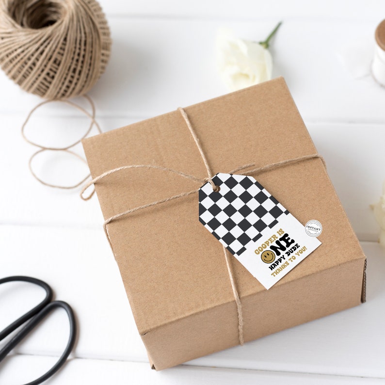 One Happy Dude Favor Tag | Smiley Checkered Board First Birthday Theme ...