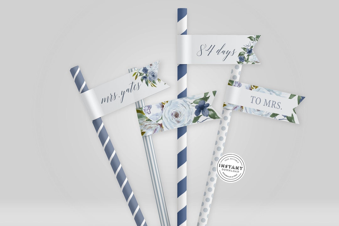 Dusty Blue Floral Straw Flags | Dusty Blue Bridal Shower Straws ...