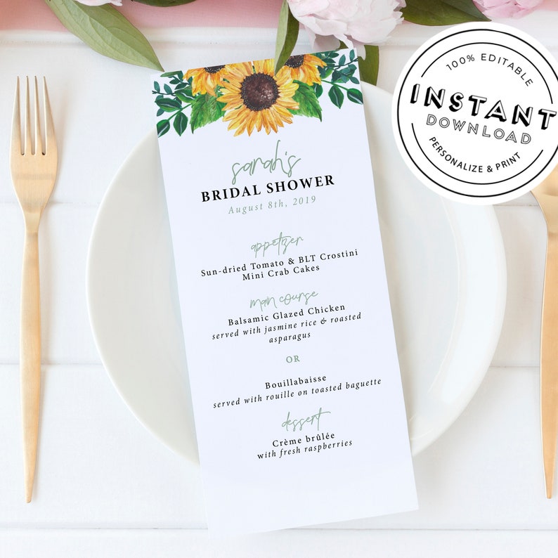 Sunflower Wedding Menu Rustic Sun Flower Bridal Shower Menu - Etsy