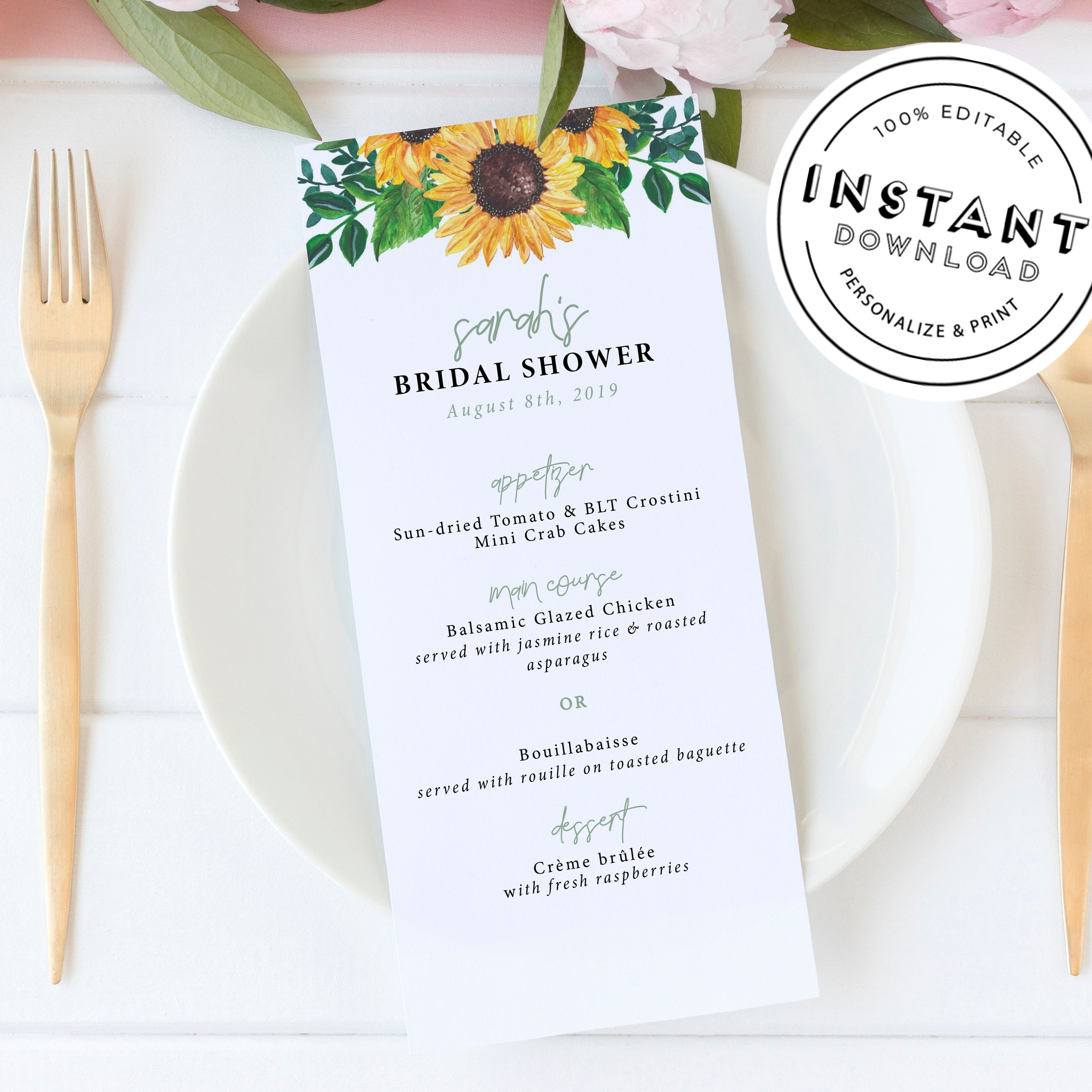 Sunflower Wedding Menu Rustic Sun Flower Bridal Shower Menu | Etsy