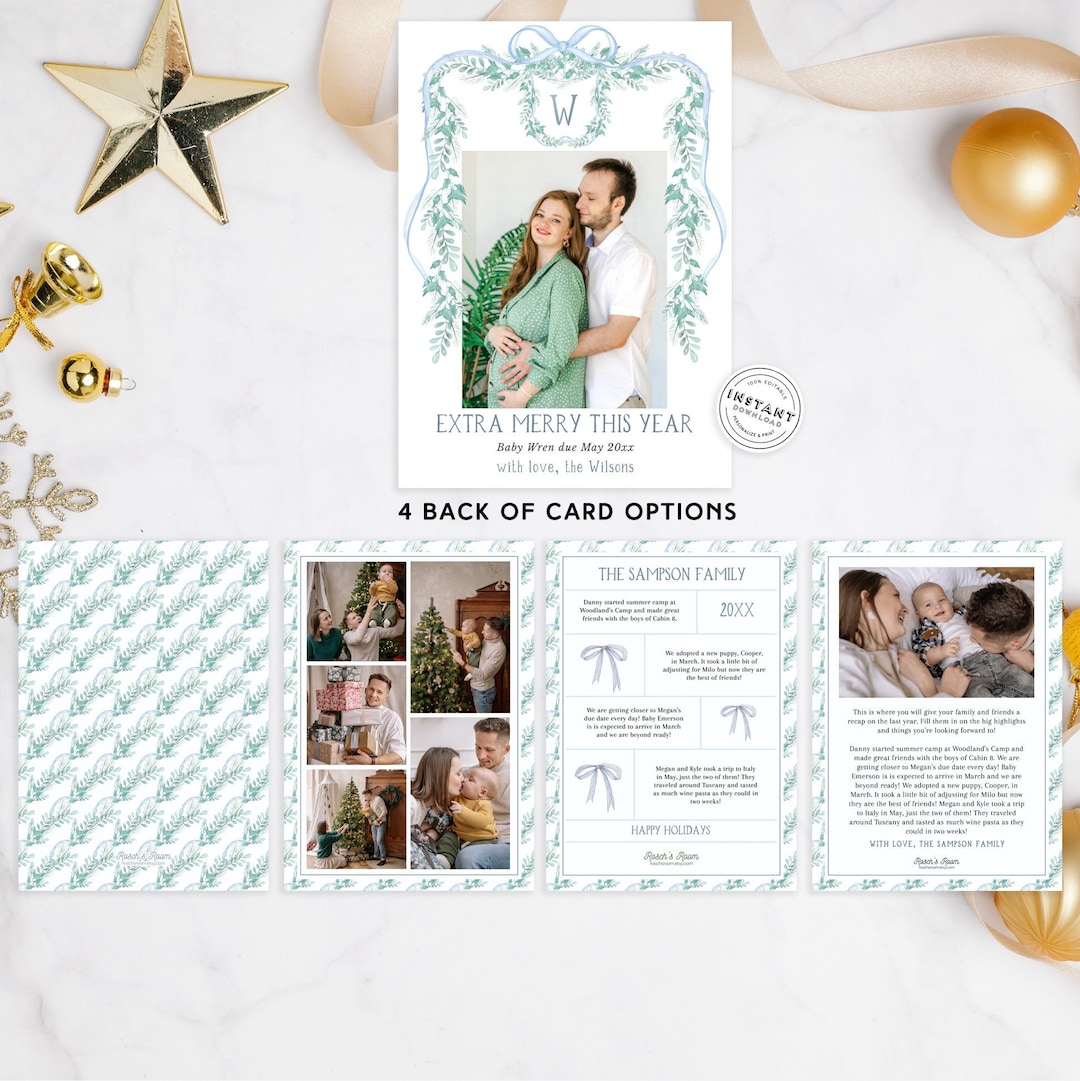 Pregnancy Announcement Blue Ribbon Christmas Card Template | Preppy ...