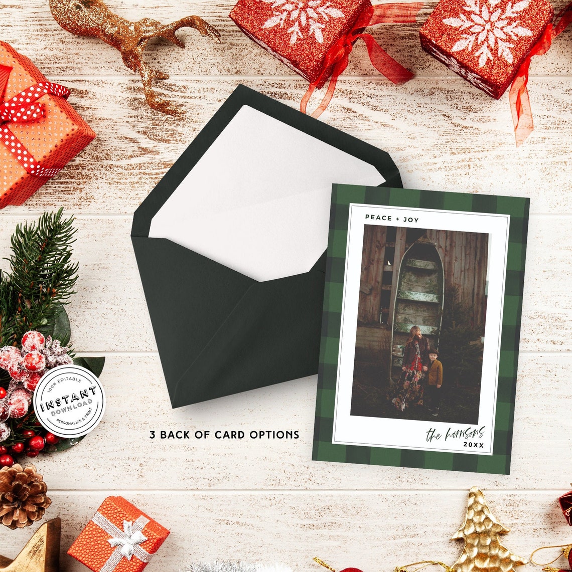 Green Buffalo Plaid Photo Christmas Card Editable Template - Etsy