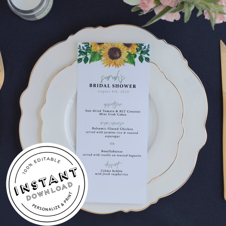 Sunflower Wedding Menu Rustic Sun Flower Bridal Shower Menu - Etsy