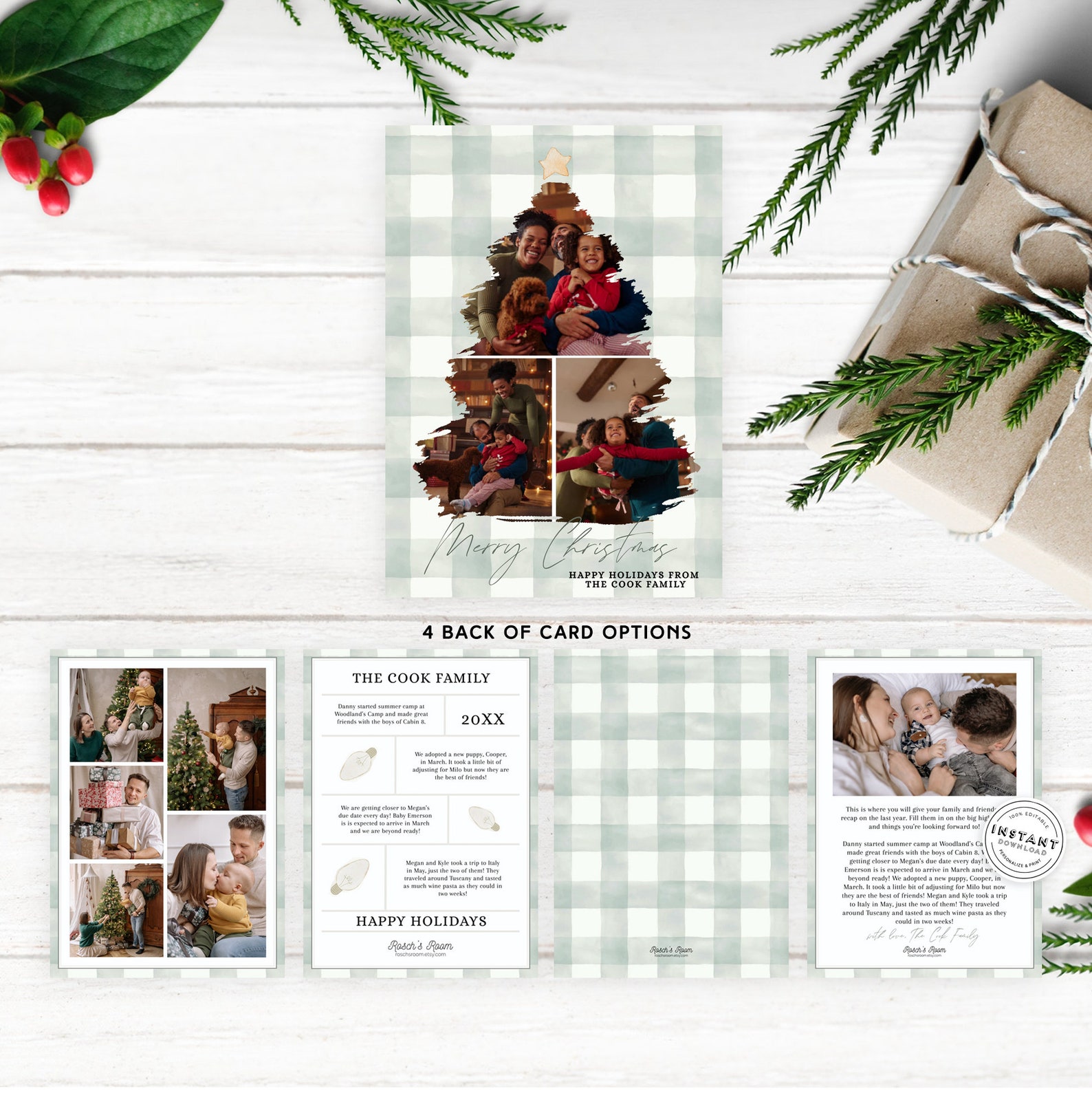 Tree Photo Christmas Card Editable Template Green Plaid - Etsy