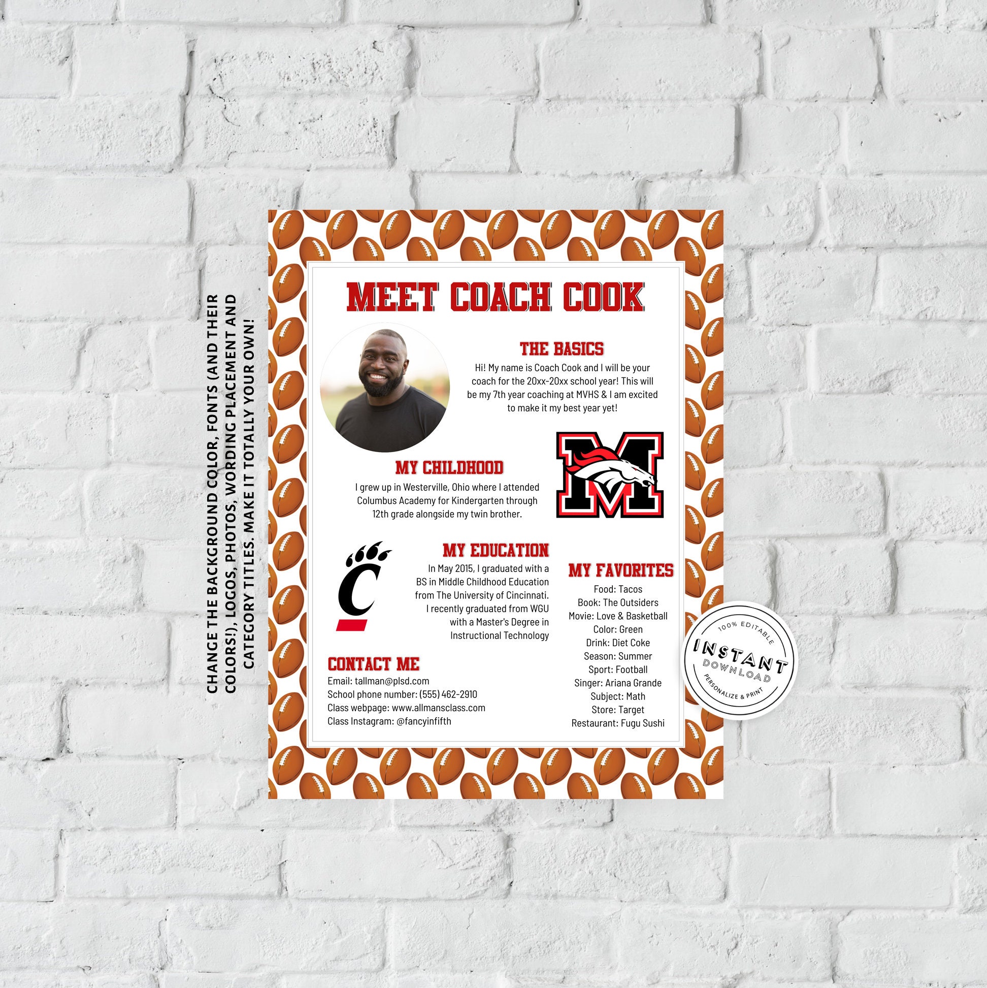Meet the Coach Football Template Coach Introduction Form - Etsy