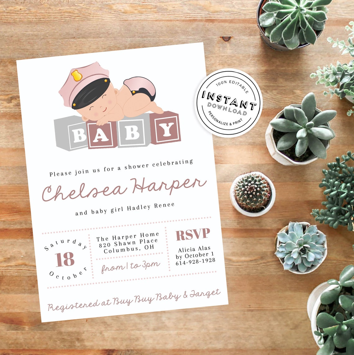 Police Baby Shower Invitation | Download Girl Cop Baby Shower | DIY ...