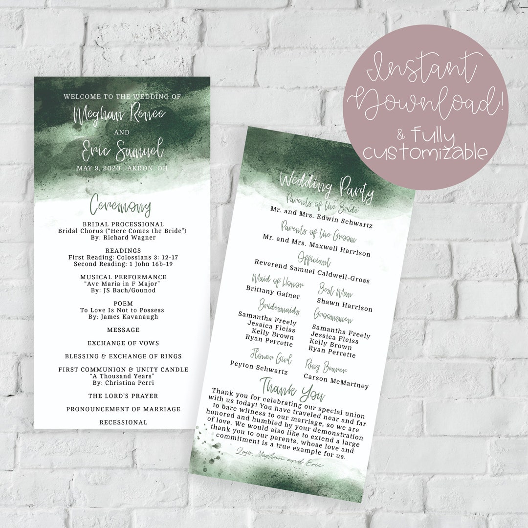 Green Watercolor Wedding Program | Editable Wedding Program Template ...