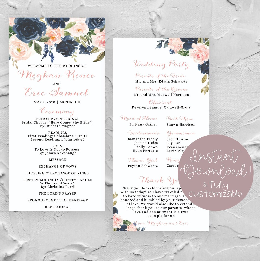 Navy and Blush Wedding Program Template Download Navy and - Etsy