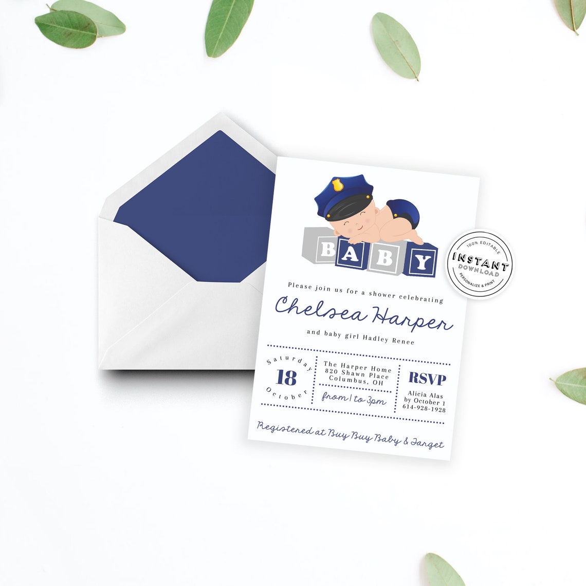 Police Baby Shower Invitation | Download Boy Cop Baby Shower | DIY ...