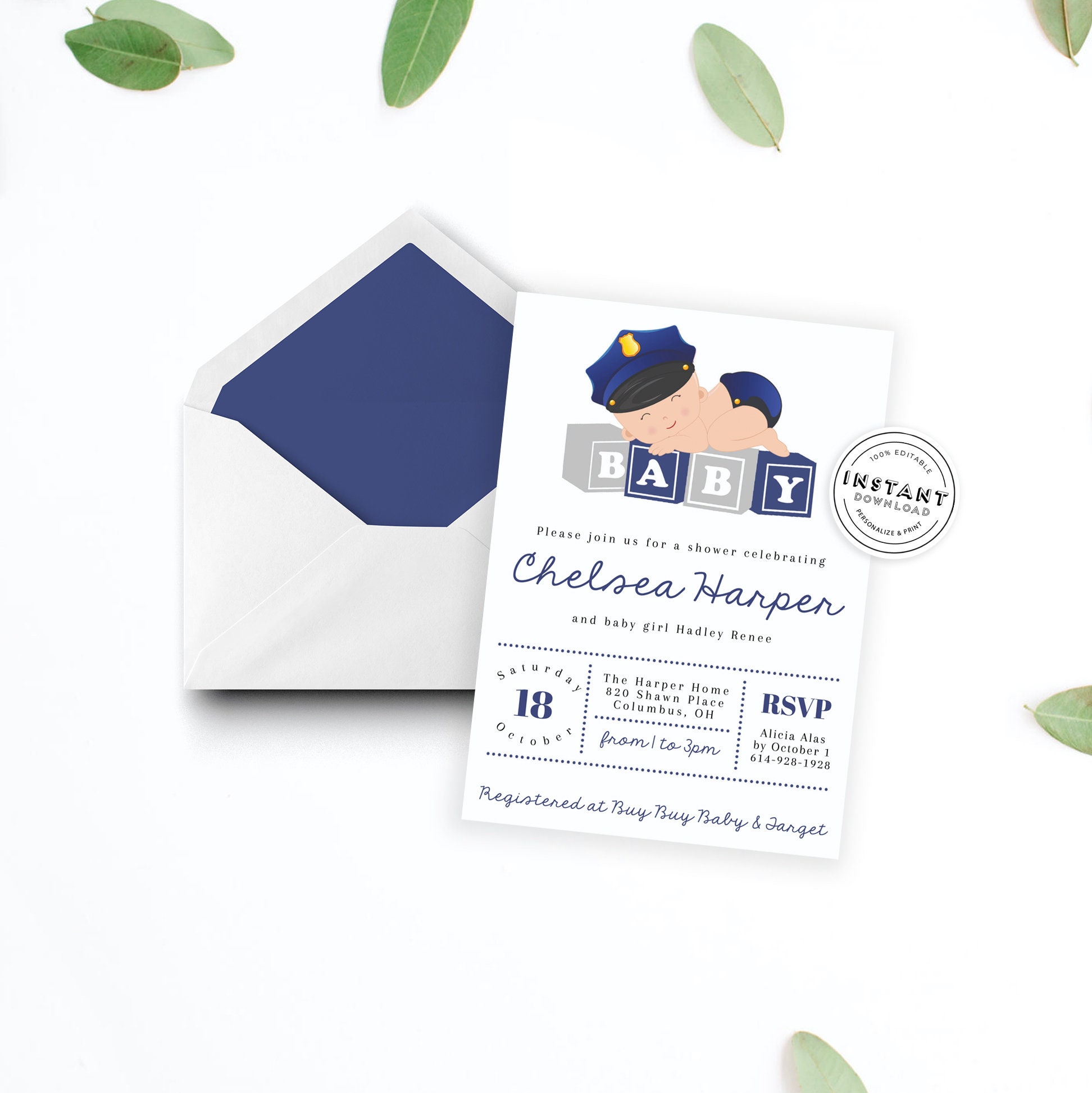 Police Baby Shower Invitation | Download Boy Cop Baby Shower | DIY ...