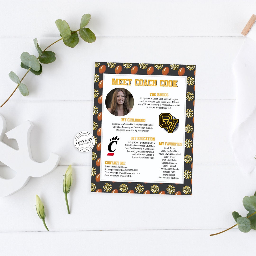 Meet the Coach Football Cheer Template | Coach Introduction Form ...