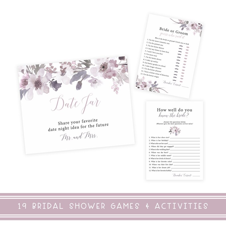 Dusty Purple Bridal Shower Game and Sign Bundle 19 Lavender | Etsy
